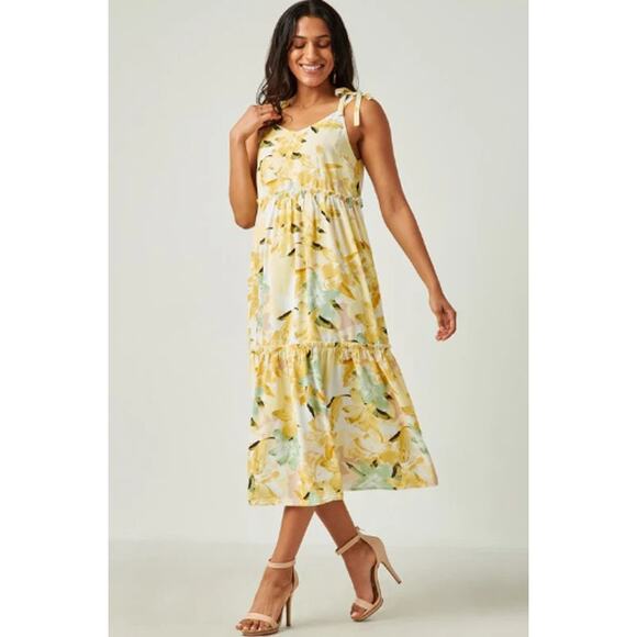 Hayden | Dresses | Hayden Yellow Floral Tiered Midi Dress Small Peasant ...